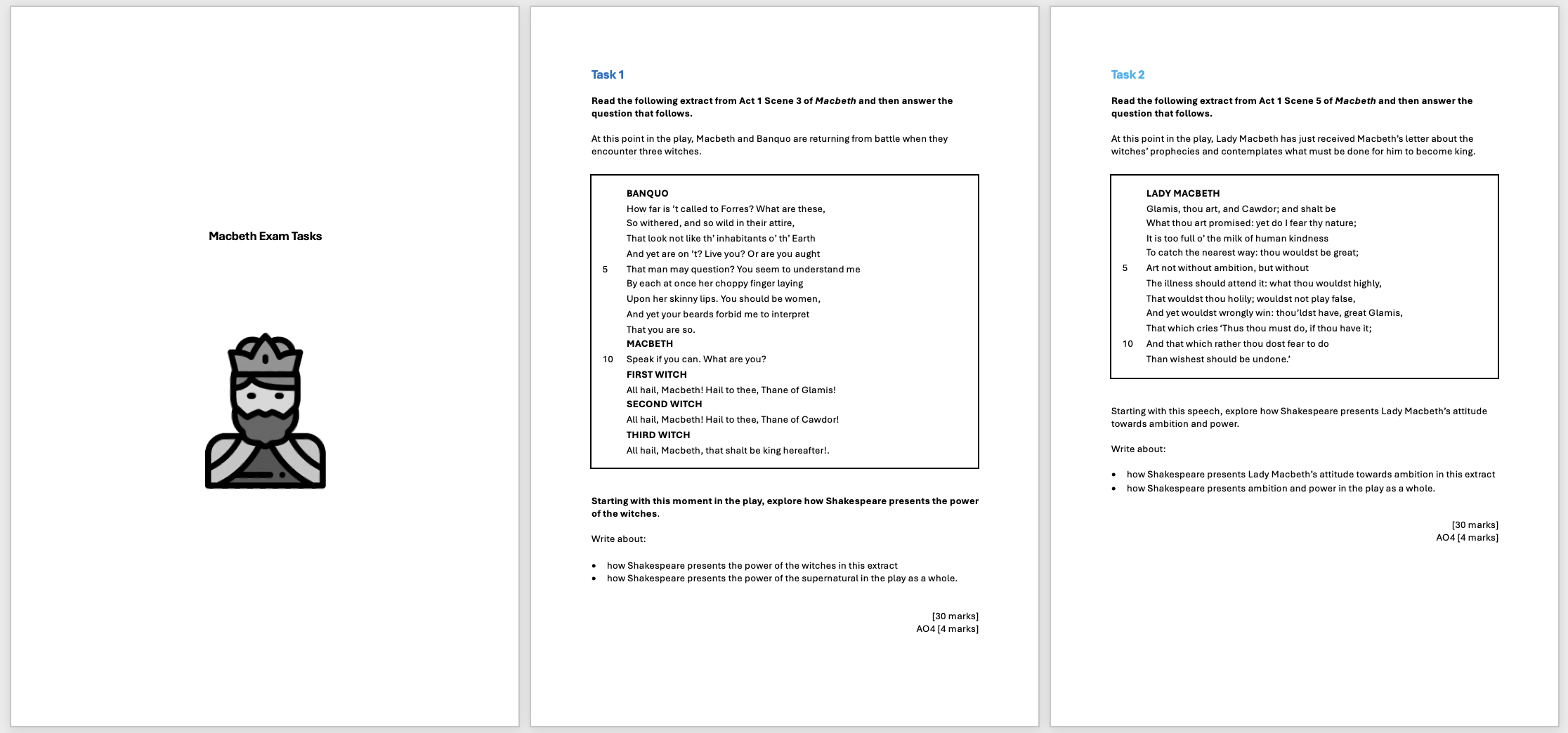 10 Exam Tasks for Macbeth | KS4 Teaching Resource